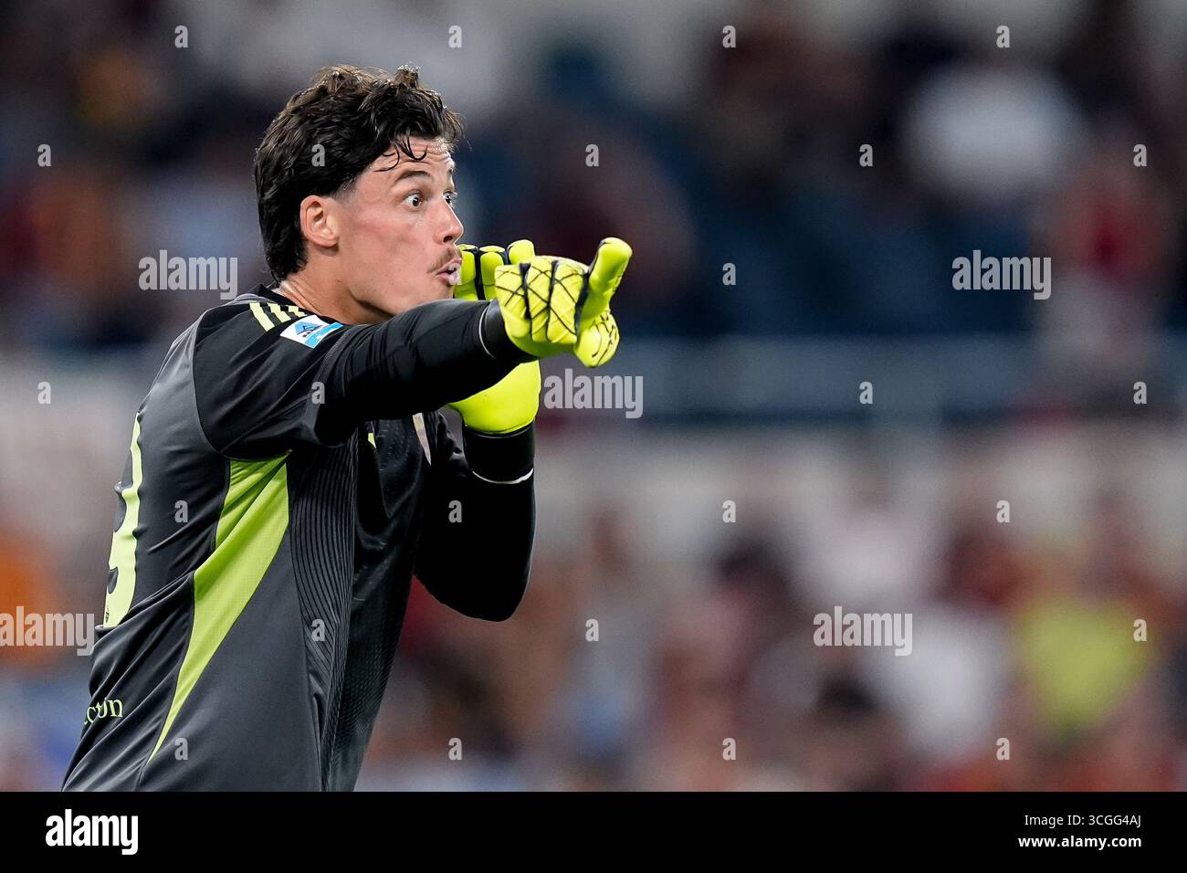 Mile Svilar of AS Roma gestures during the Serie A Enilive match ...