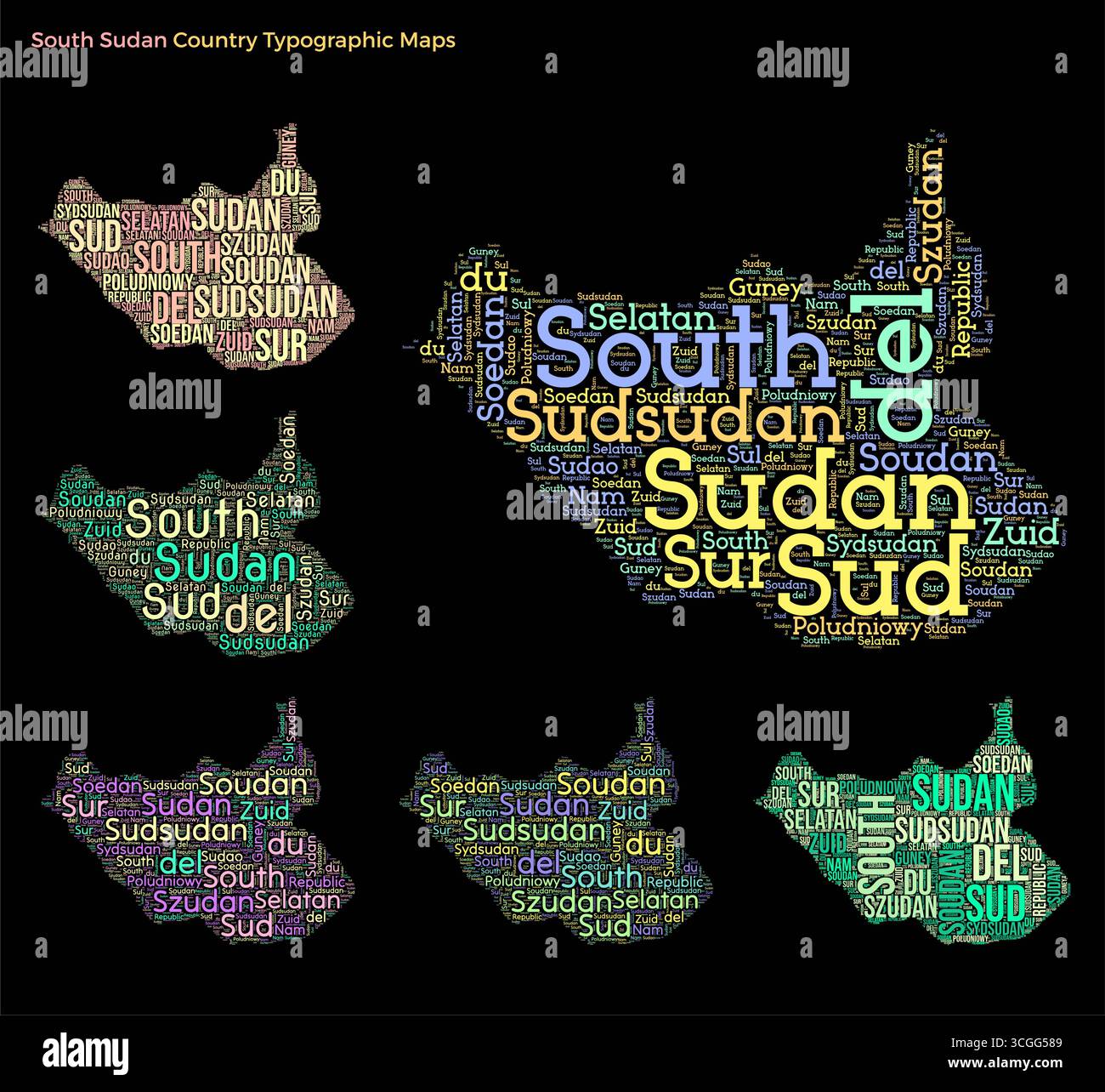 South Sudan. Set of typography style country illustrations. South Sudan ...