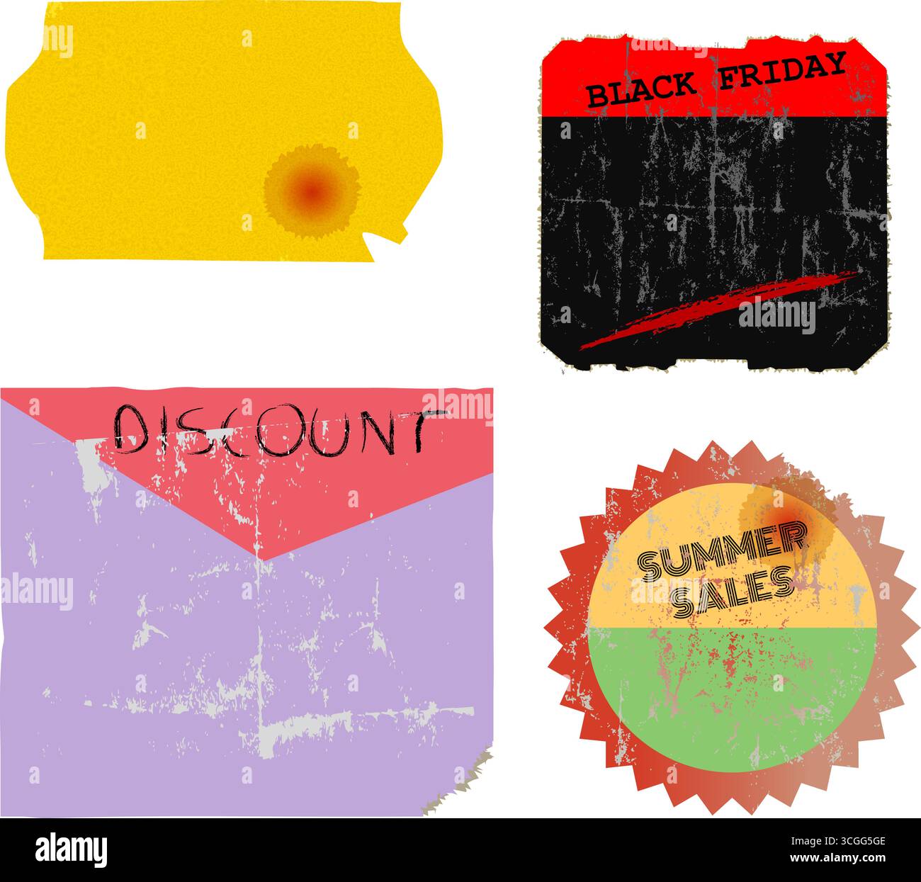 set of empty grungy adhesive price stickers, ripped discount stickers ...