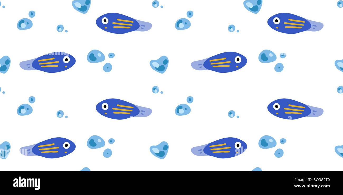 Seamless Cartoon Blue Fish Pattern. Blue cartoon fish with bubbles in ...