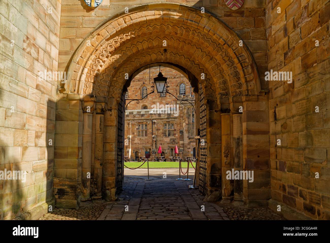 View through the arch of the medieval gatehouse into the inner bailey ...
