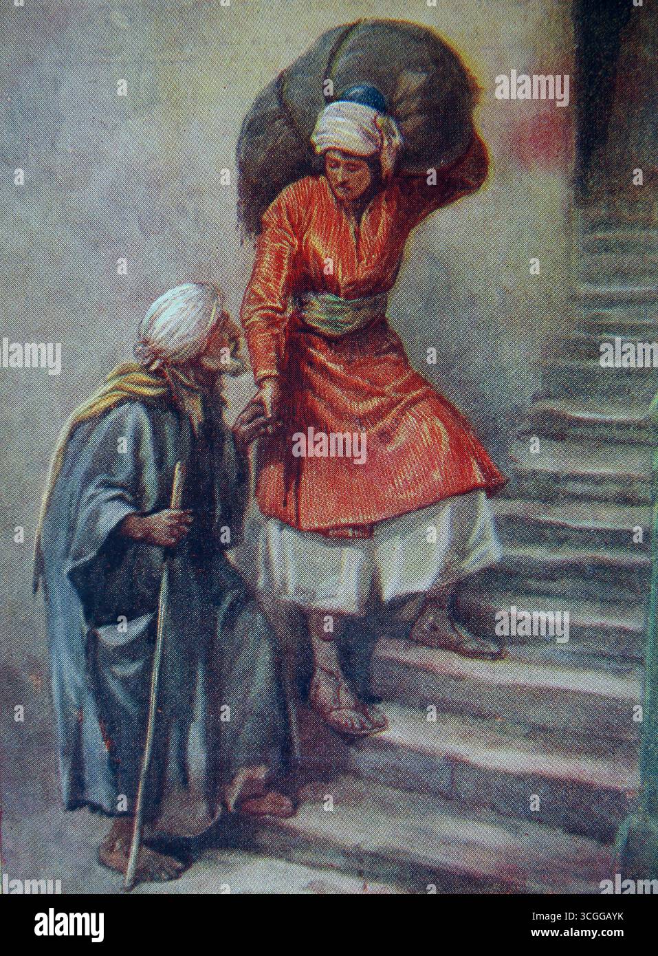 Illustration of a young man helping an elderly man by carrying his bag ...