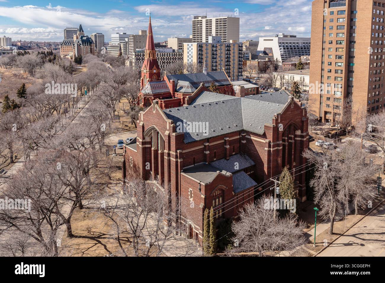 Drone perspective of Knox United Church in downtown Saskatoon ...