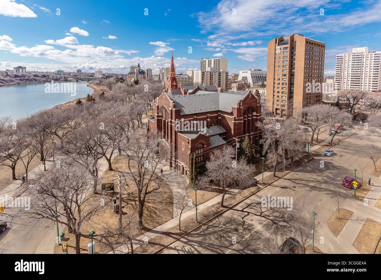 Drone perspective of Knox United Church in downtown Saskatoon ...