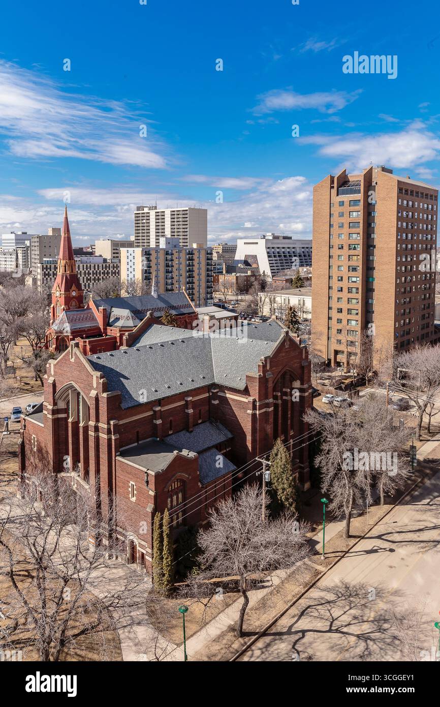 Drone perspective of Knox United Church in downtown Saskatoon ...