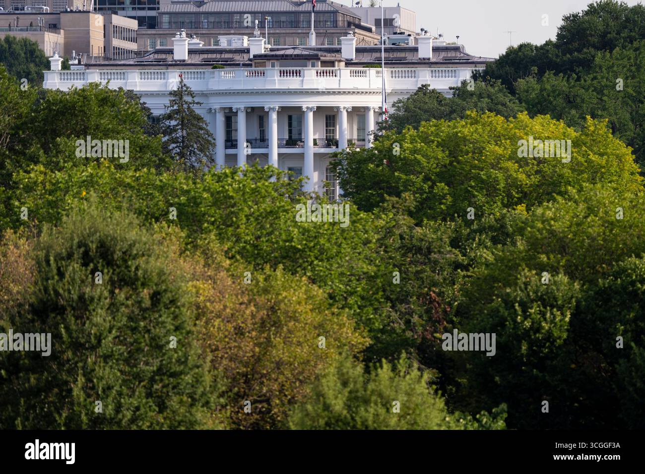 The South Portico of the White House is framed by trees on the Ellipse ...