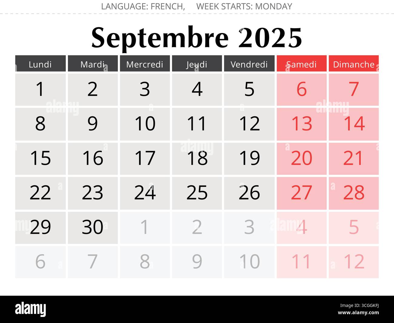 French calendar for september 2025. Vector illustration of autumn month ...