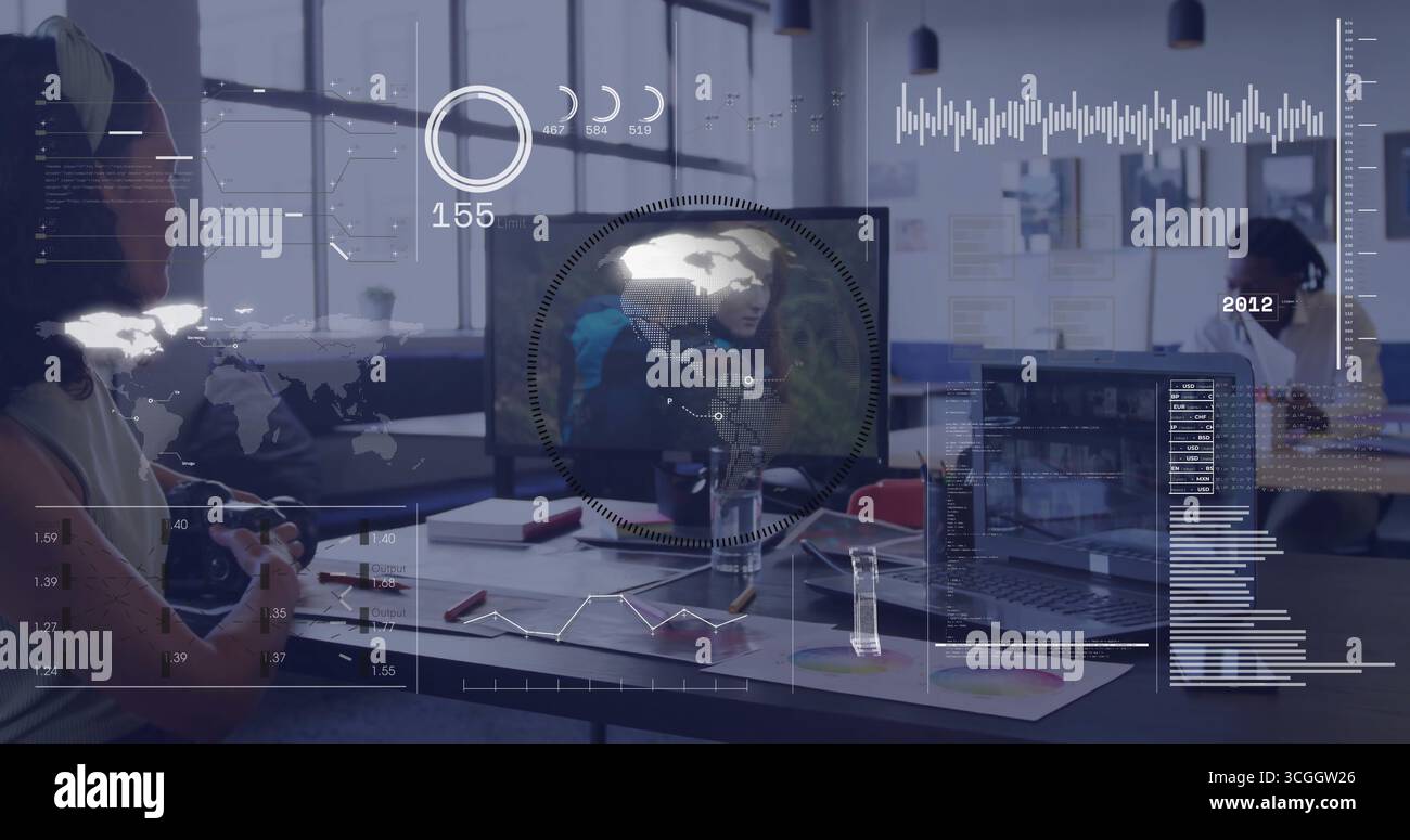 Projecting circular world map overlay across open-plan office, co ...
