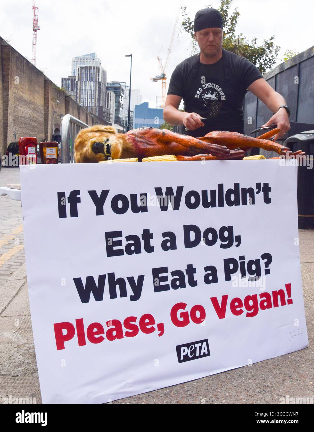 London, UK. 28th August 2025. PETA activists stage a mock 'barbecue ...