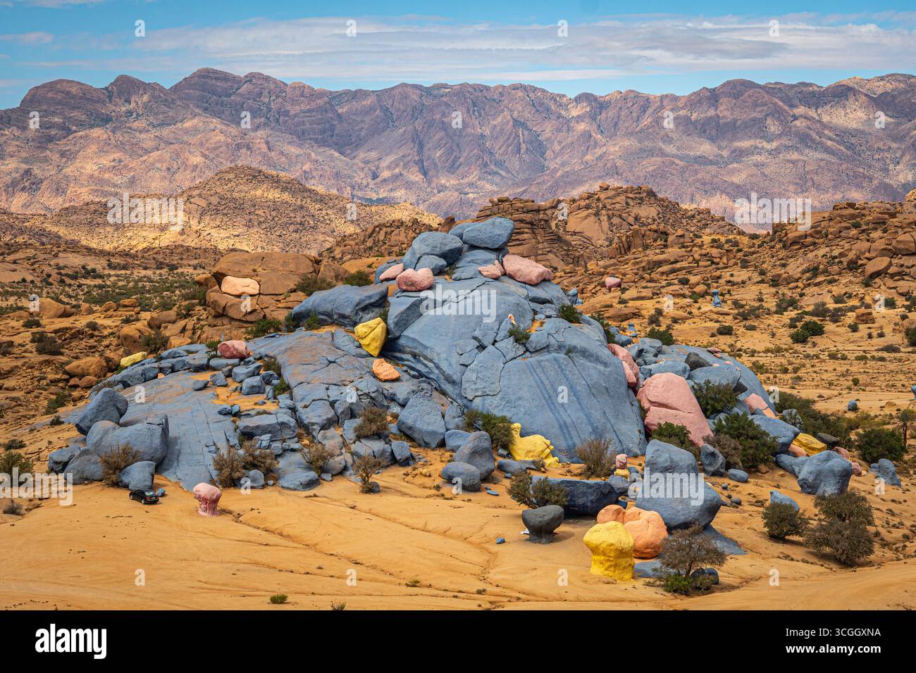 Blue and colorful painted rocks in Tafraout Morocco, surrounded by ...