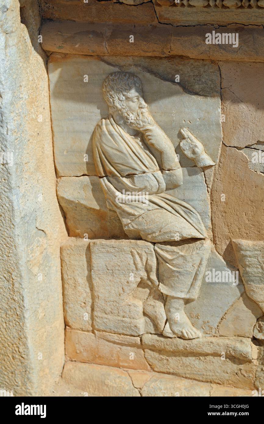 Relief on the stone pulpitum of the Roman Theatre in Sabratha Stock ...