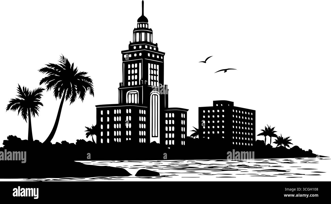 Art of Miami skyline silhouette featuring iconic buildings and palm ...