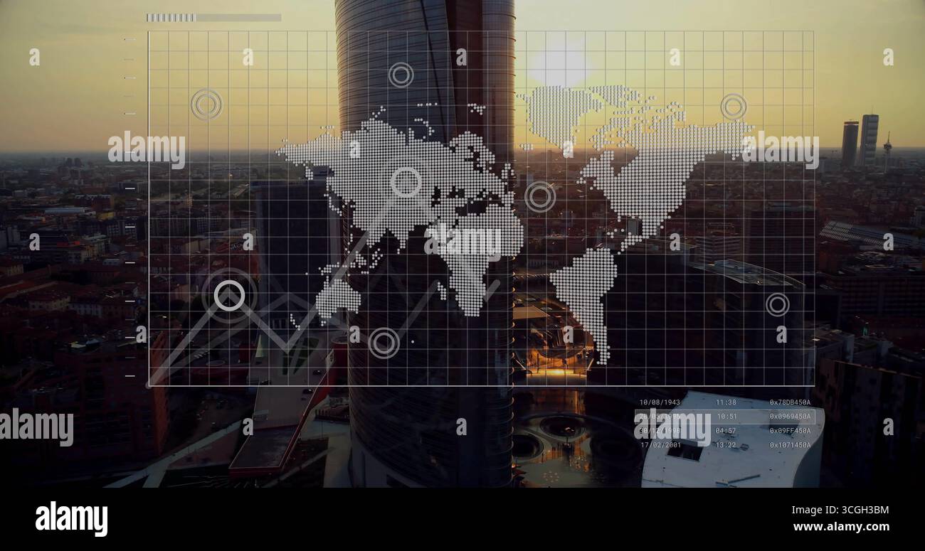 Displaying cylindrical skyscraper glowing in sunset glow at urban ...