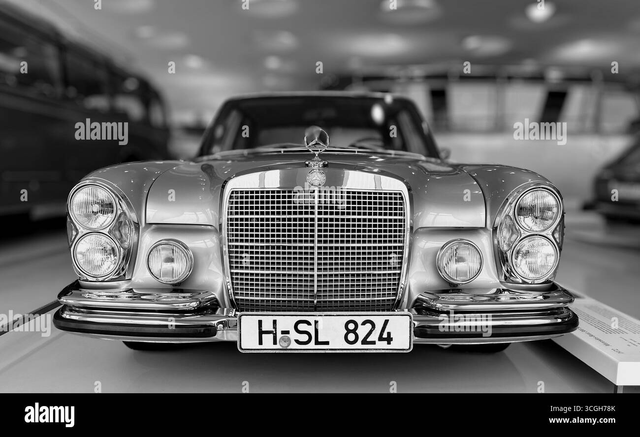 Front view of a classic silver Mercedes-Benz 300 SEL 6.3 sedan with ...
