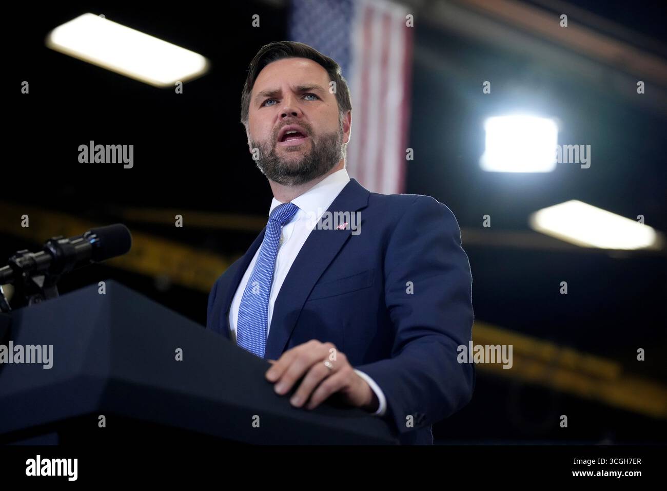 Vice President JD Vance speaks during an event at Mid-City Steel ...