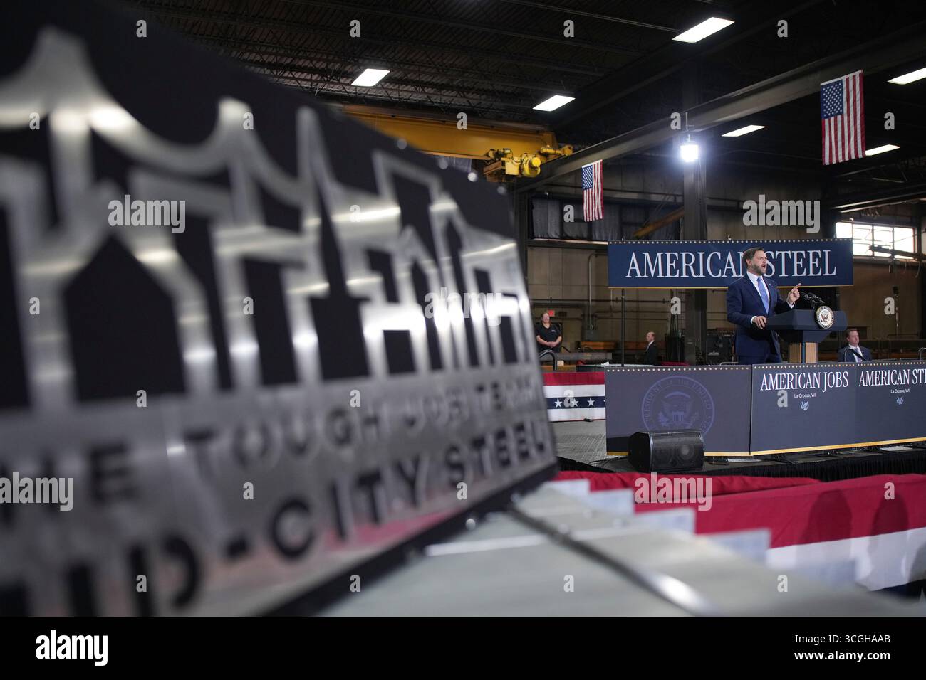 Vice President JD Vance speaks during an event at Mid-City Steel ...