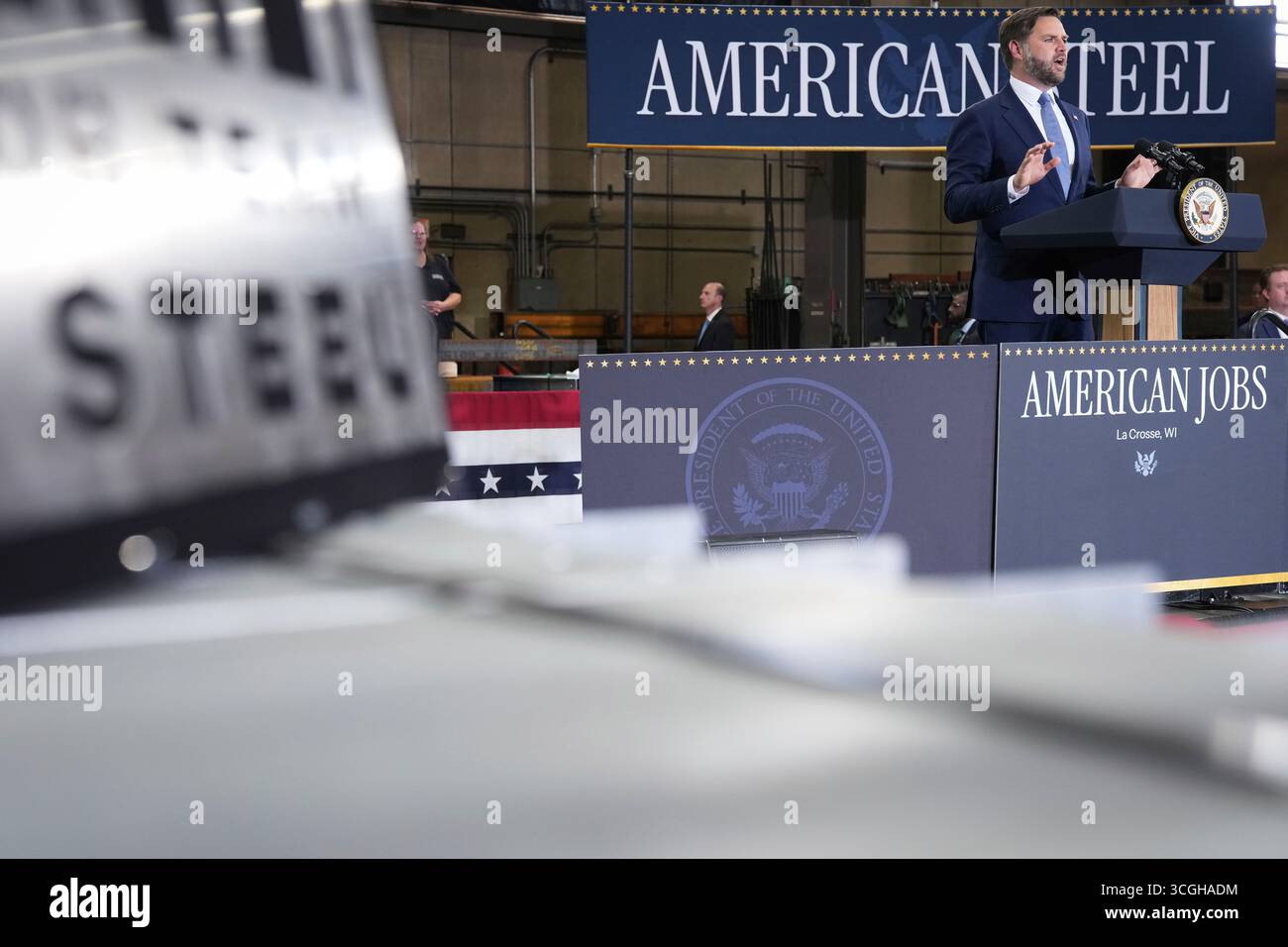 Vice President JD Vance speaks during an event at Mid-City Steel ...