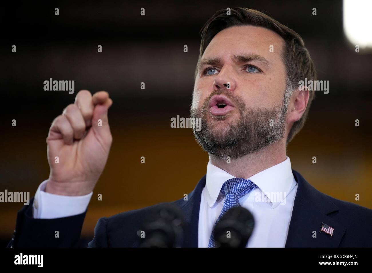 Vice President JD Vance speaks during an event at Mid-City Steel ...