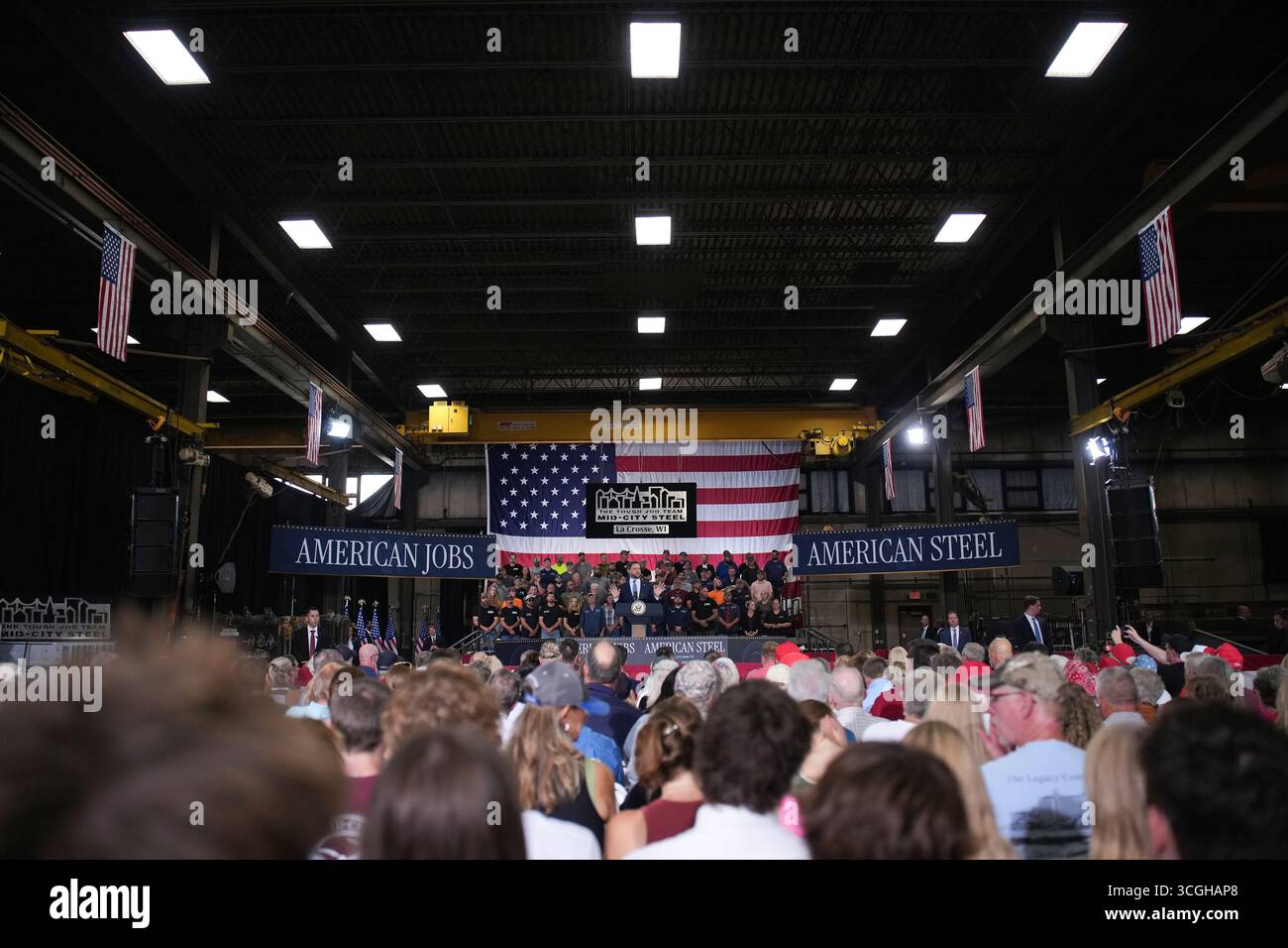 Vice President JD Vance speaks during an event at Mid-City Steel ...