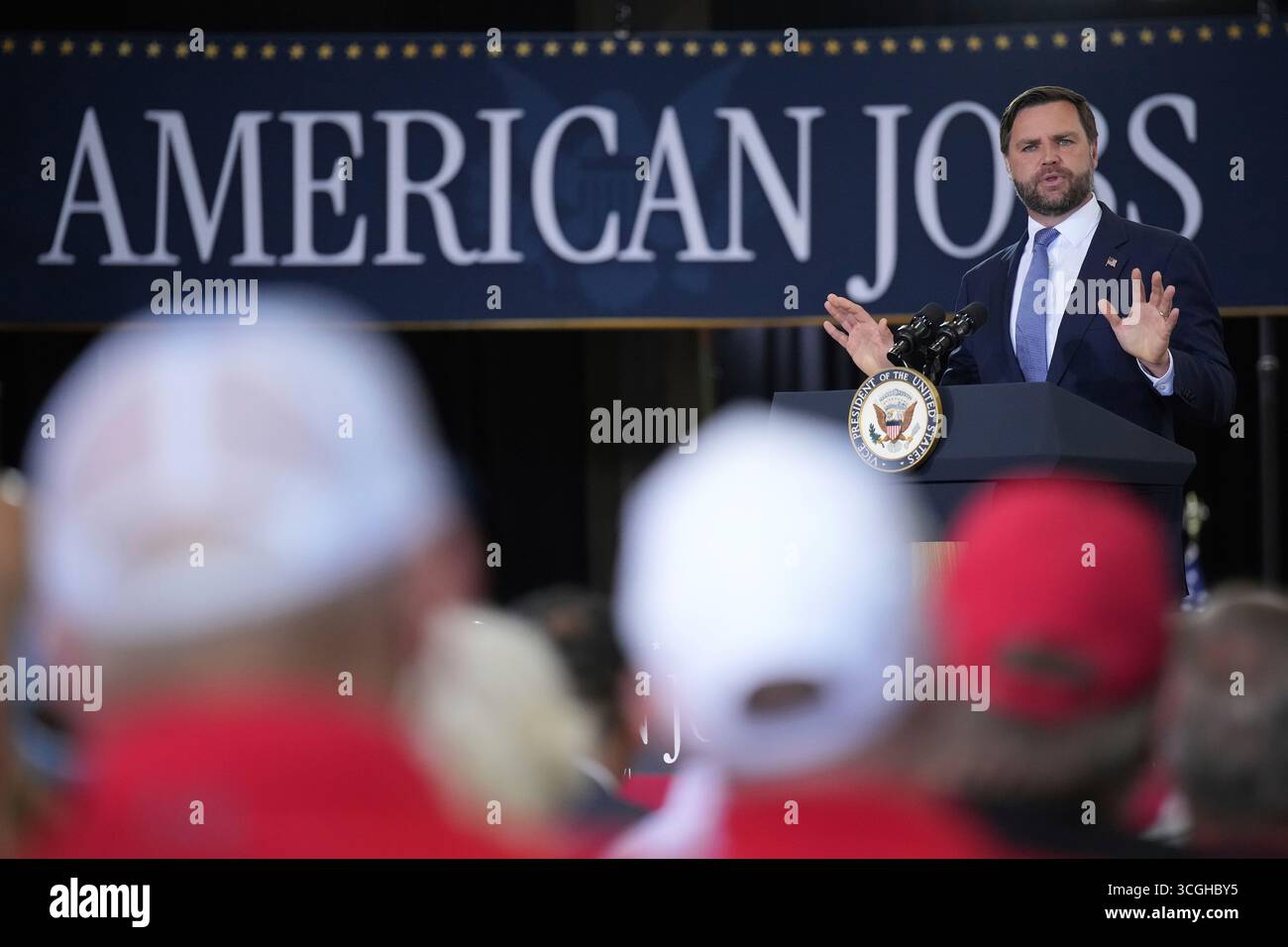 Vice President JD Vance speaks during an event at Mid-City Steel ...