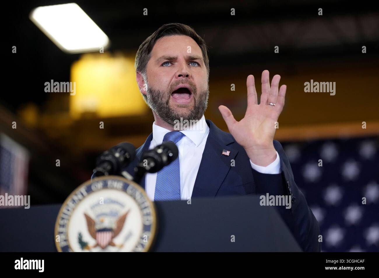 Vice President JD Vance speaks during an event at Mid-City Steel ...