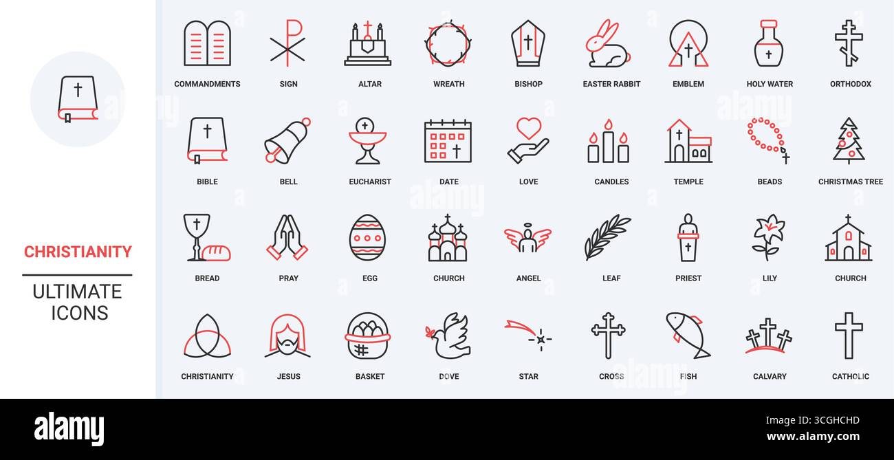 Christianity, Christian church, god and angel emblems line icon set ...