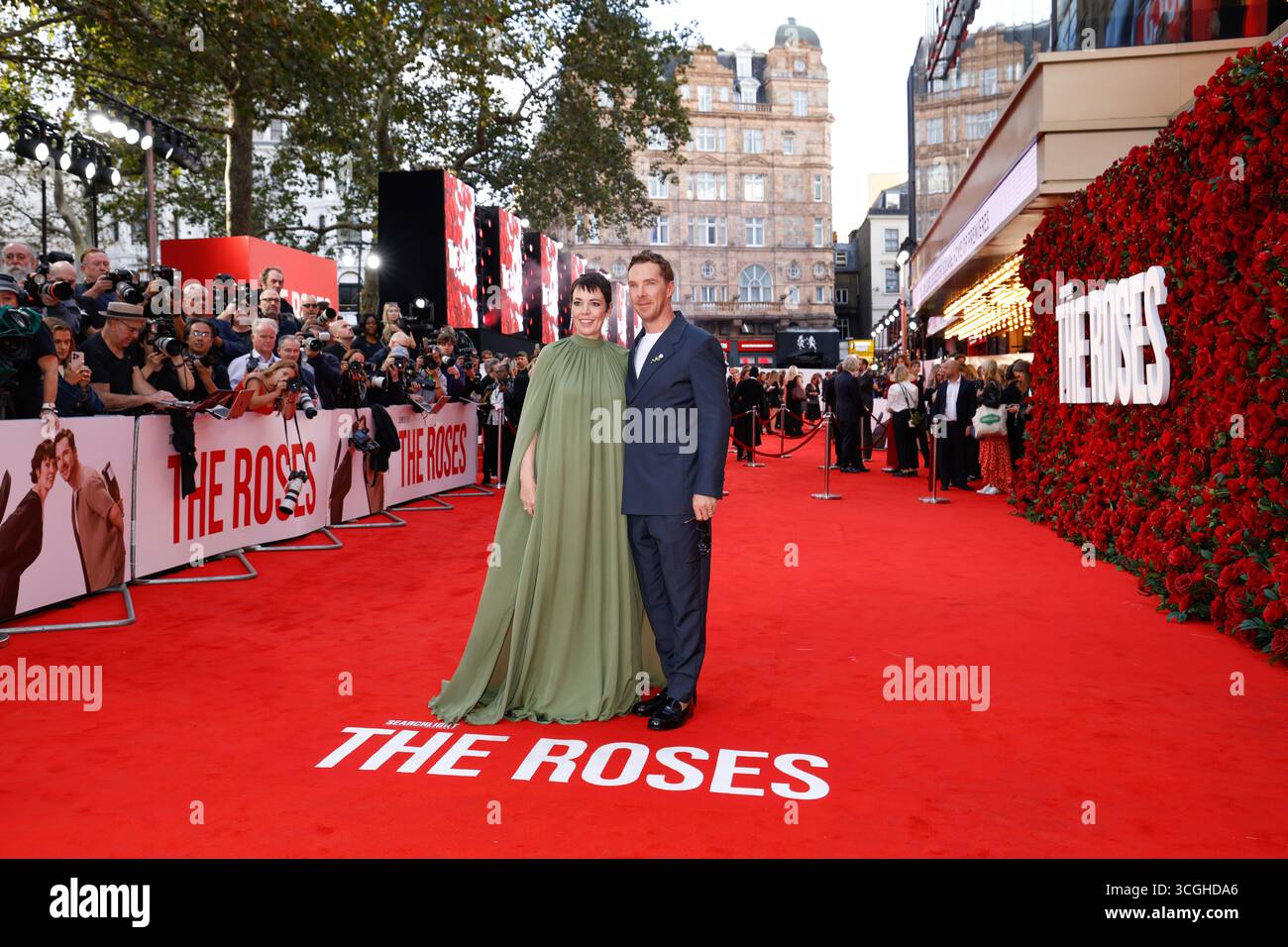 Olivia Colman, left, and Benedict Cumberbatch pose for photographers ...