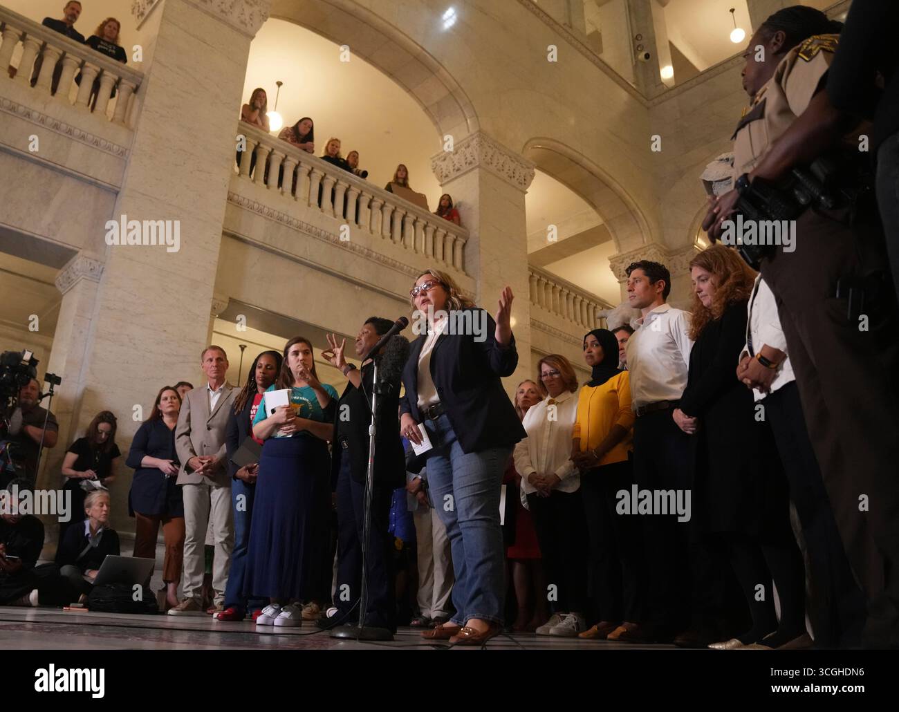Minnesota State Rep. Emma Greenman speaks during a news conference in Minneapolis City Hall ...