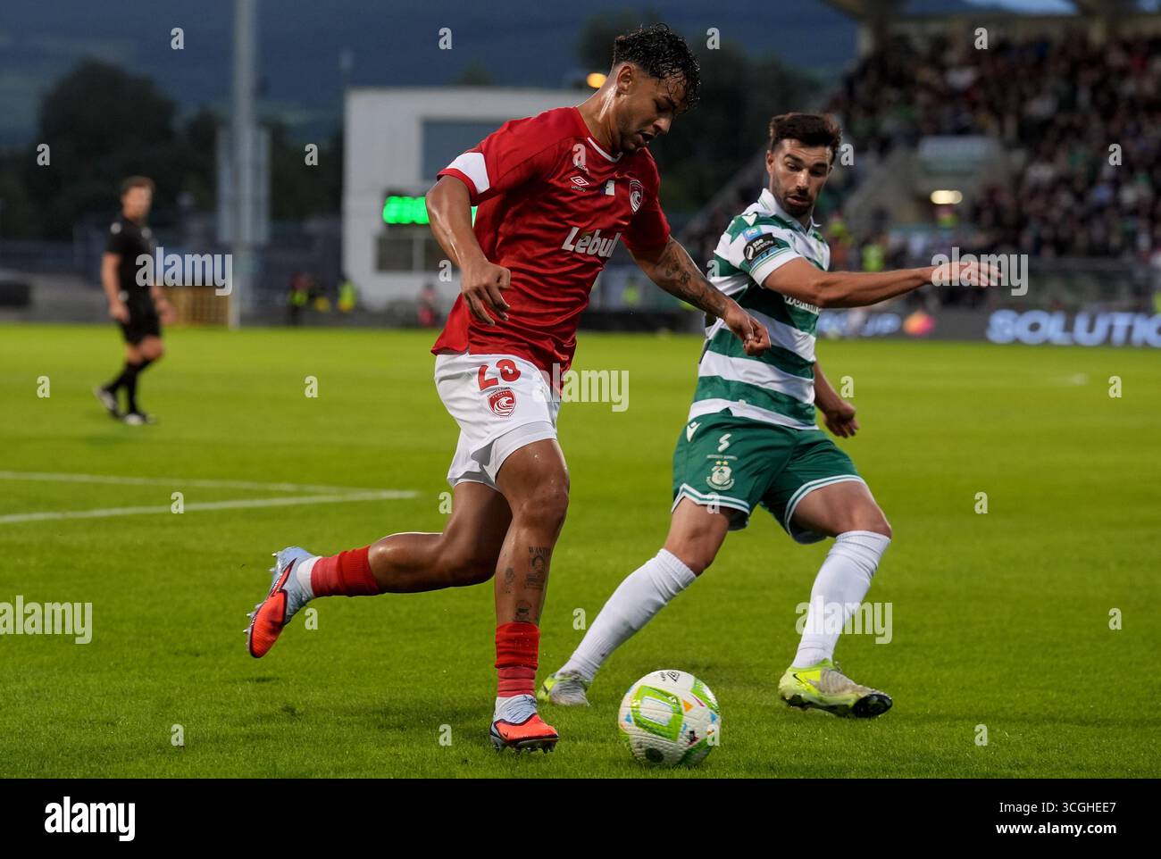 Santa Clara's Sidney Lima (left) and Shamrock Rovers' Danny Mandroiu ...