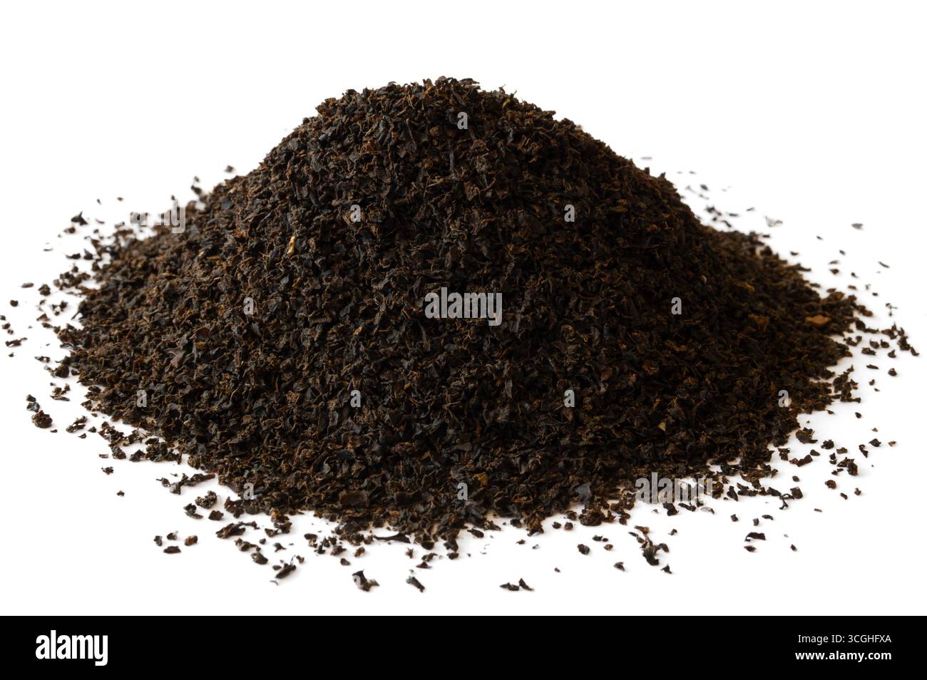Small heap of Ceylon black BOP broken orange pekoe tea on white ...