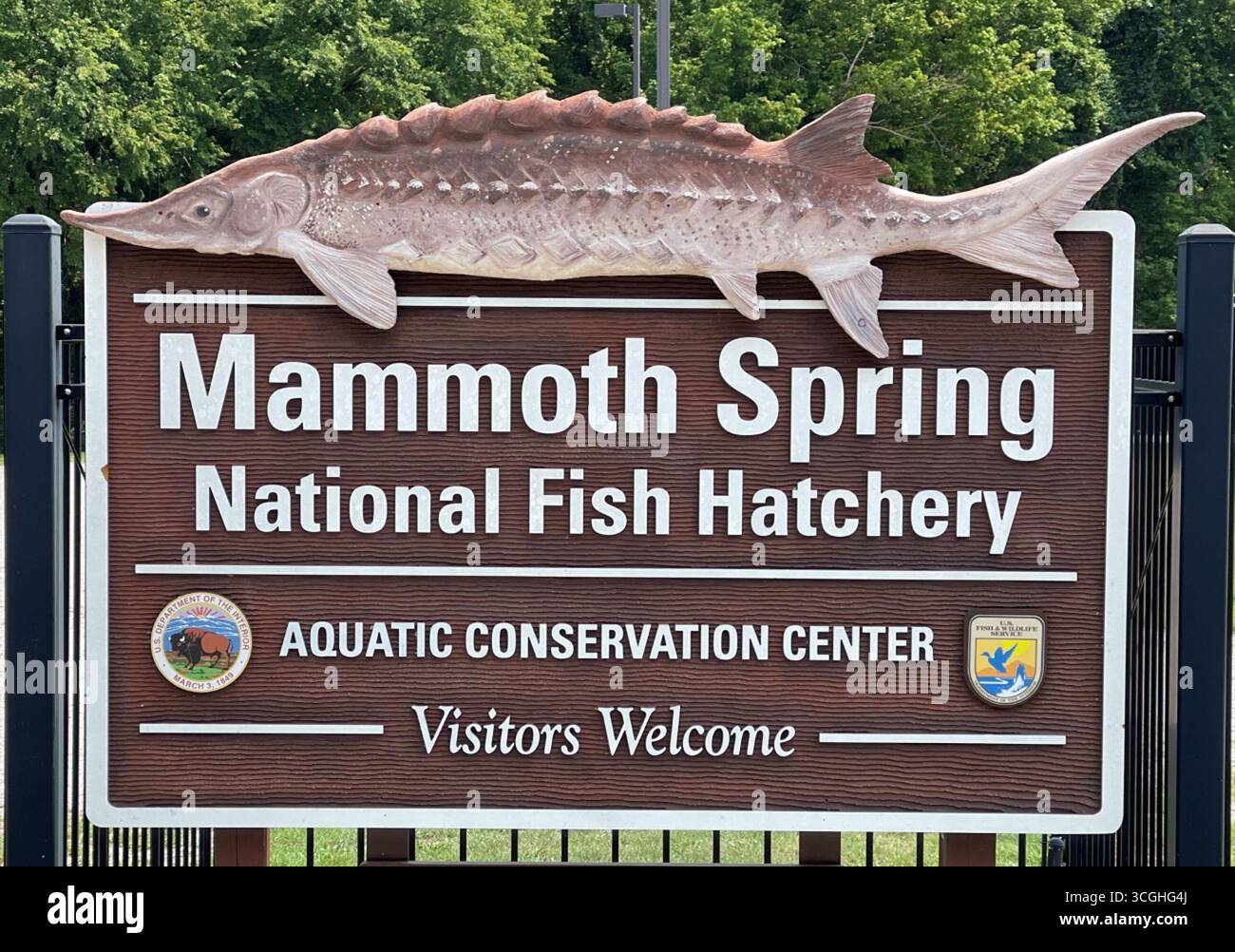 Mammoth Spring National Fish Hatchery welcome sign with a carved ...