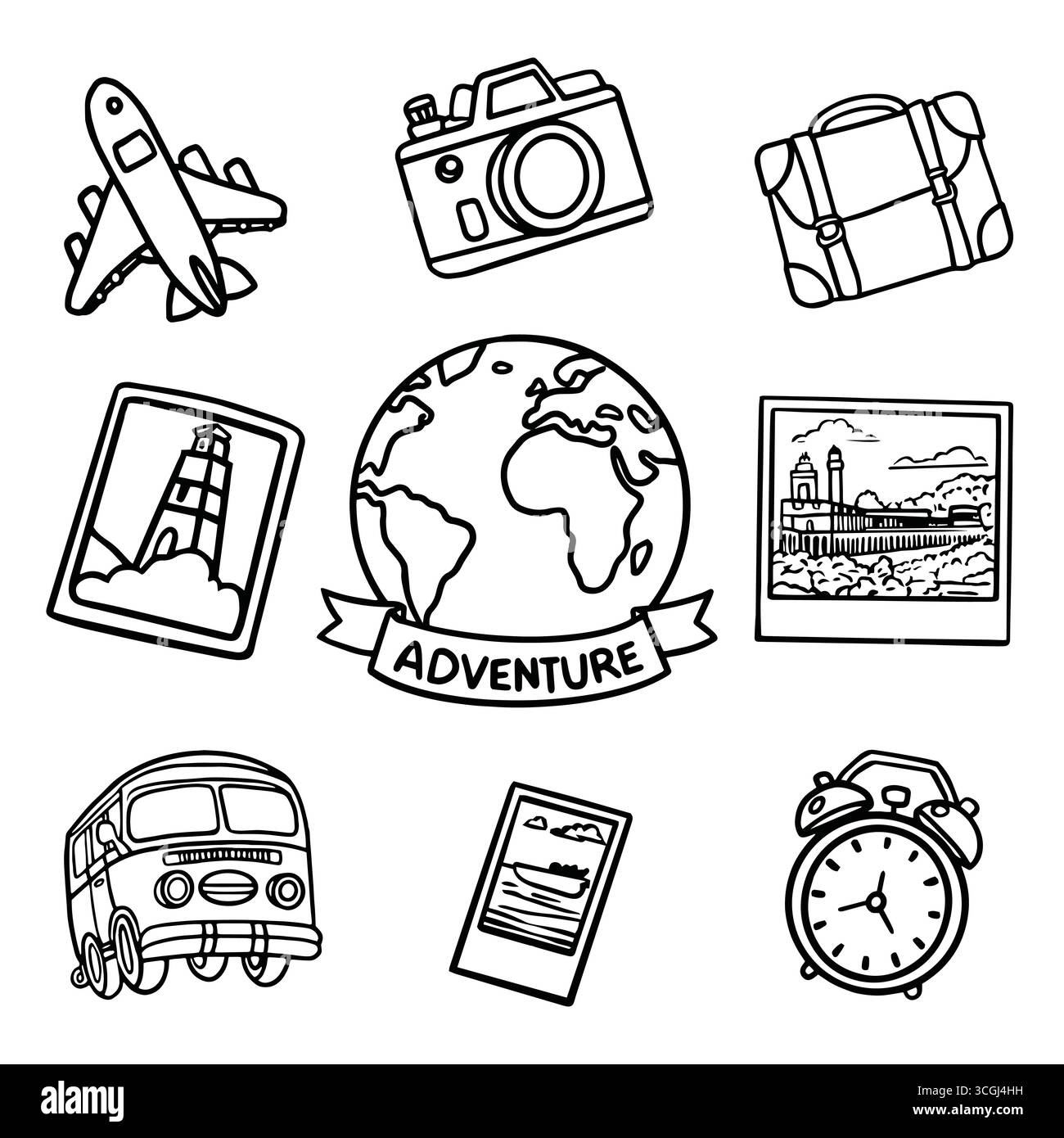Travel icon set - hand drawn. Black white outline drawing for travel ...