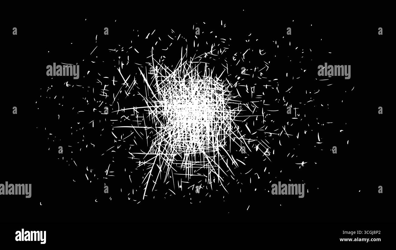 Abstract black background with chaotic white glowing lines gathered in ...