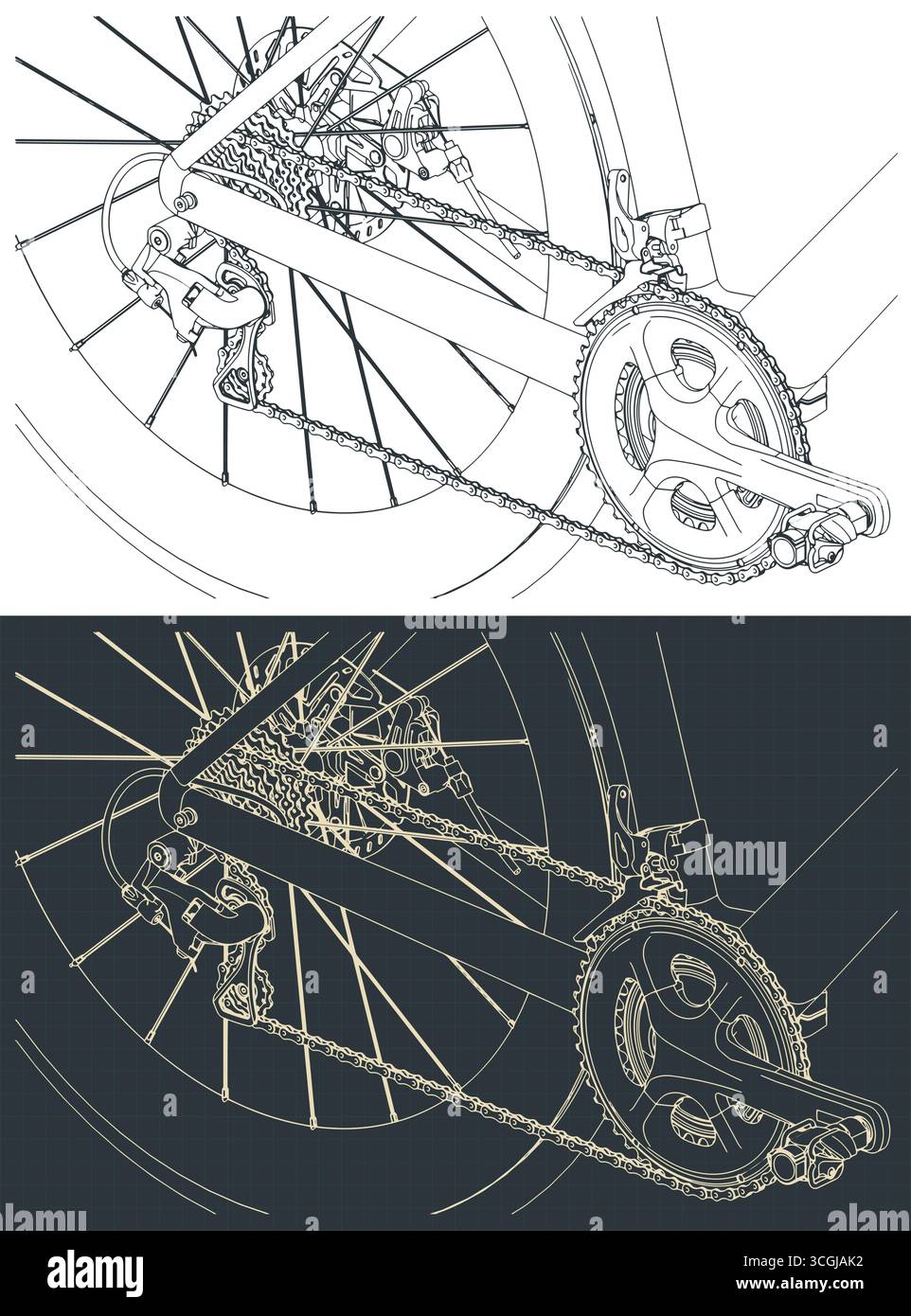 Road bike mechanism isometric blueprints close up stylized vector ...