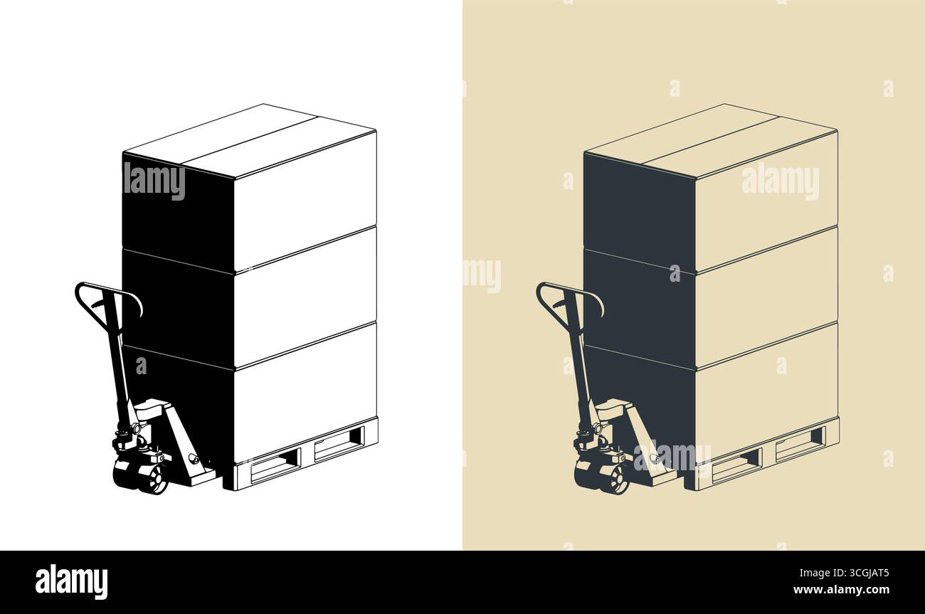 Pallet jack with cardboard boxes on pallets stylized vector ...