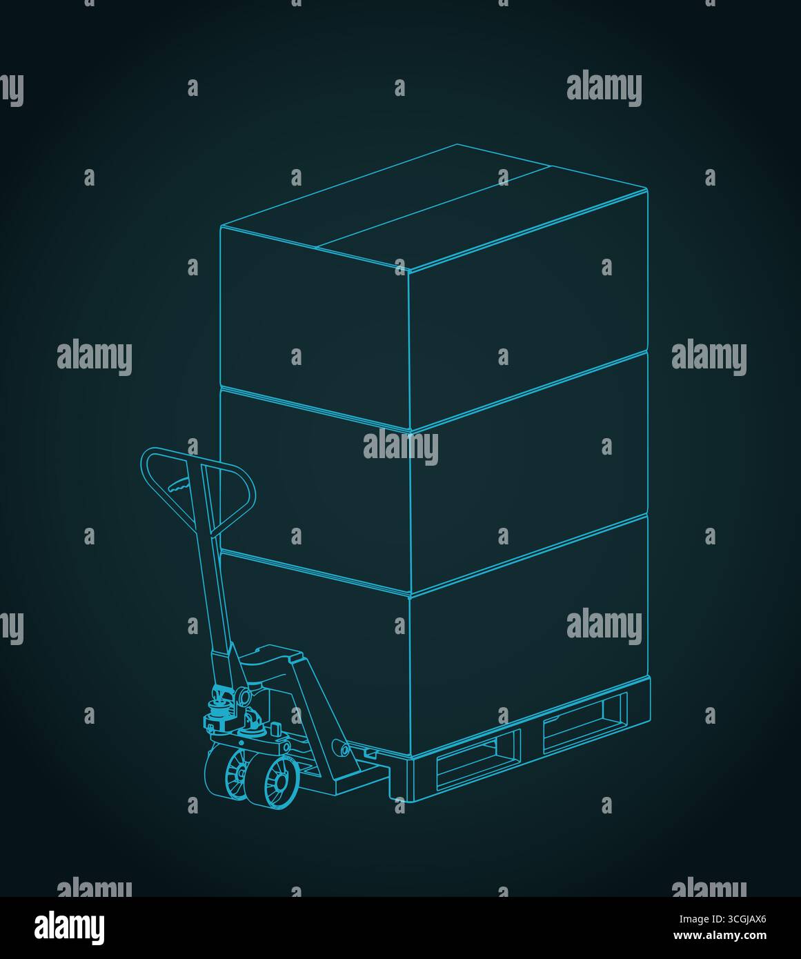 Pallet jack with cardboard boxes on pallets isometric blueprint ...