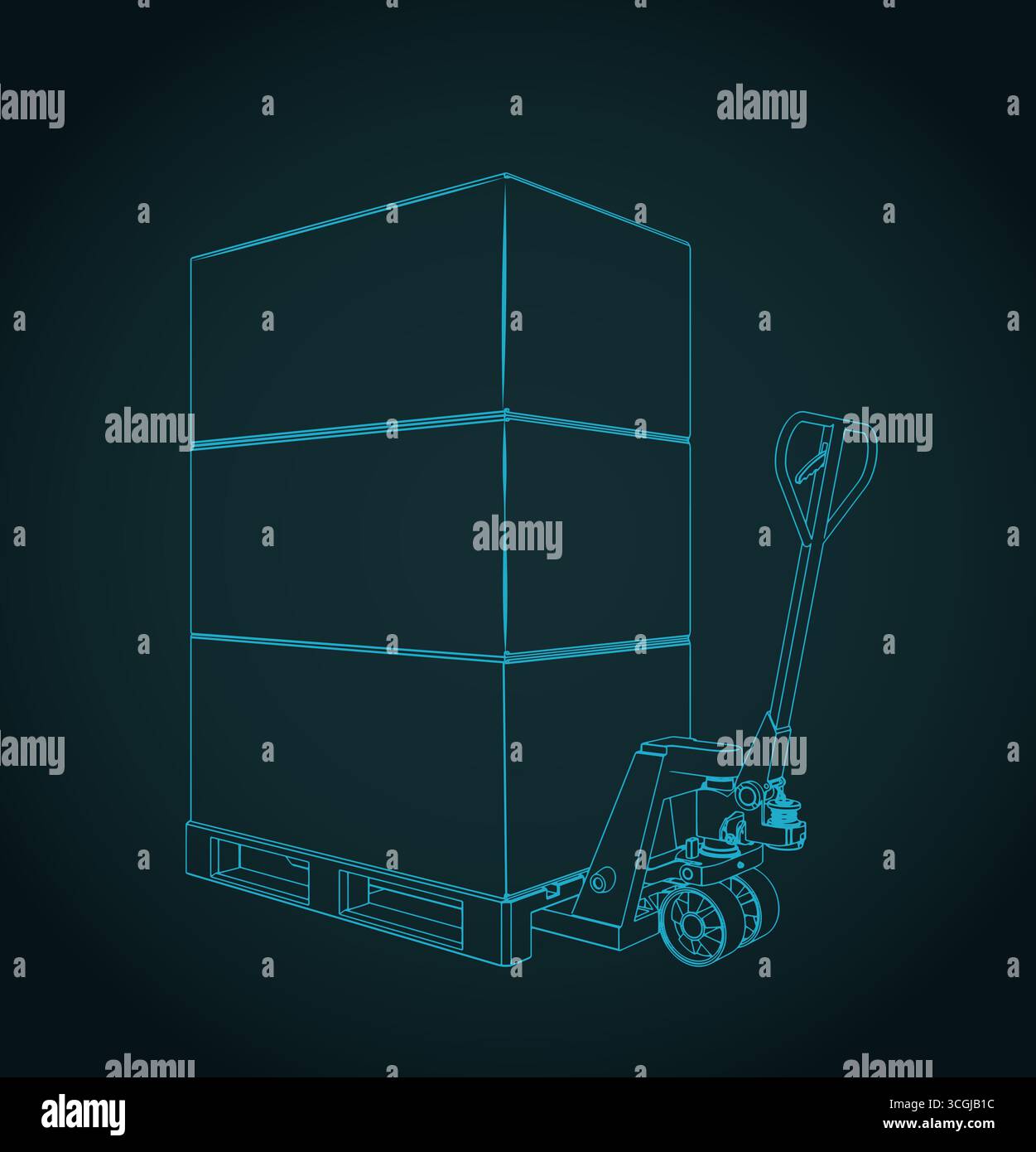 Pallet jack with cardboard boxes on pallets stylized vector ...