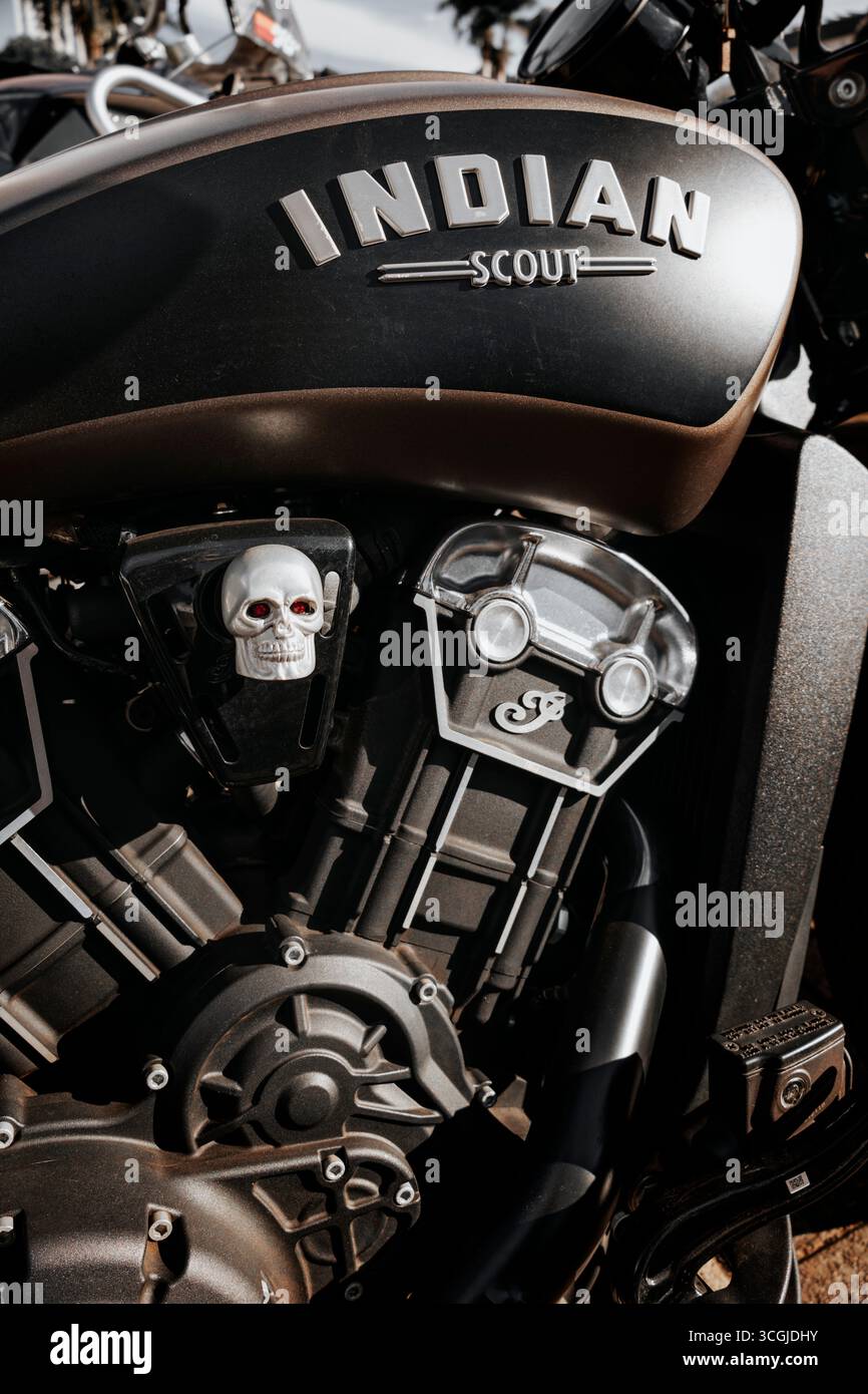 Detail of the liquid cooled V-twin engine of an Indian Scout motorcycle ...