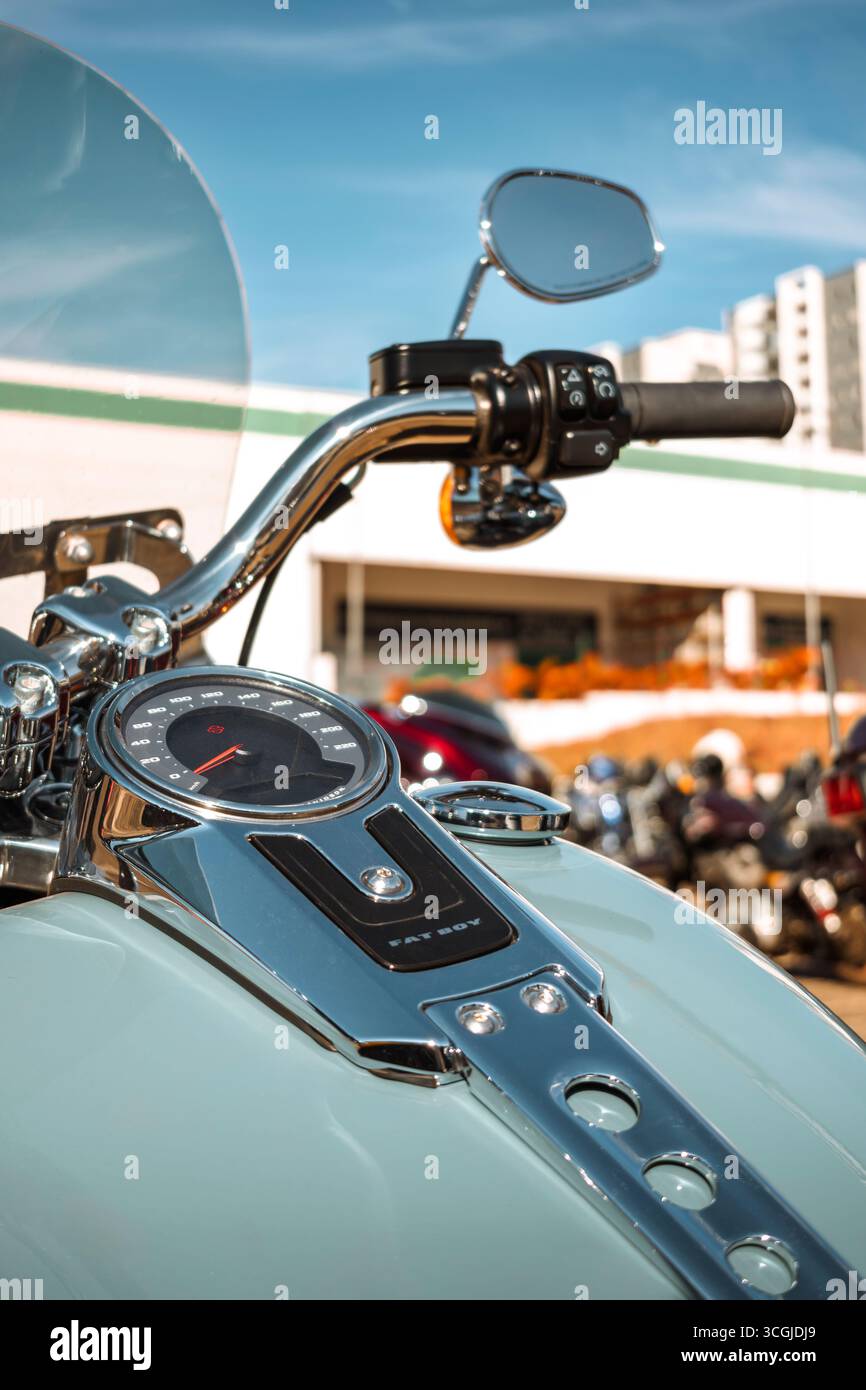Dashboard and handlebar of a Harley-Davidson Fat Boy, featuring a ...