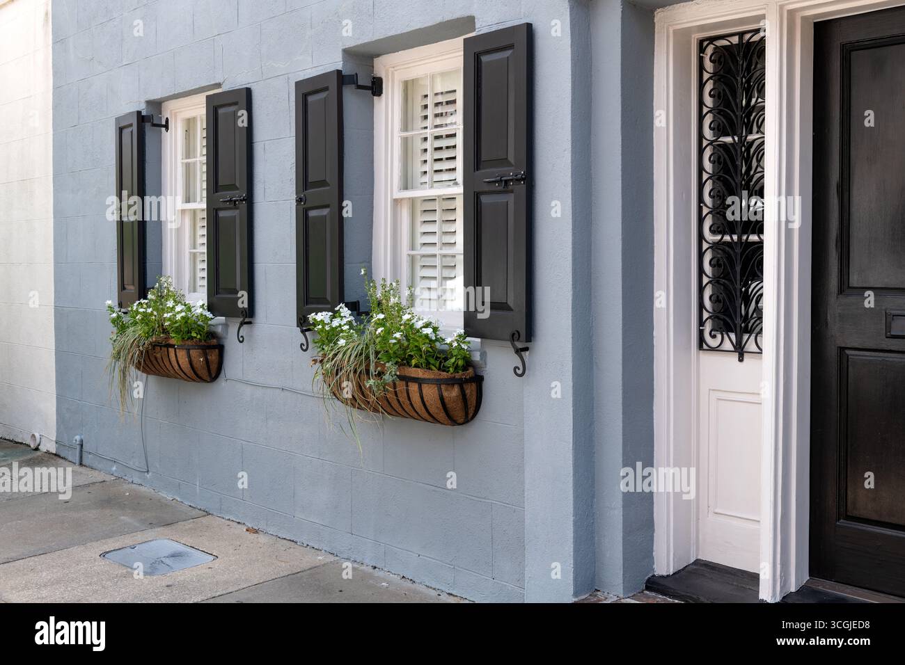 Charleston home with blue stucco wall, black shutters, and window ...