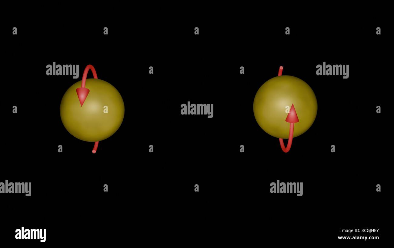 Quantum Entanglement. Subatomic particles with opposite spins. 3d ...