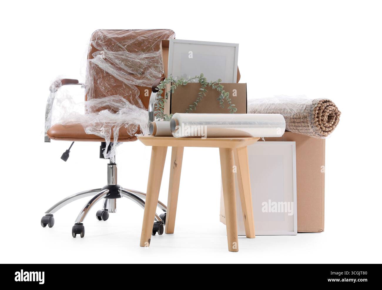 Office chair with table, stretch wrap and moving boxes on white ...