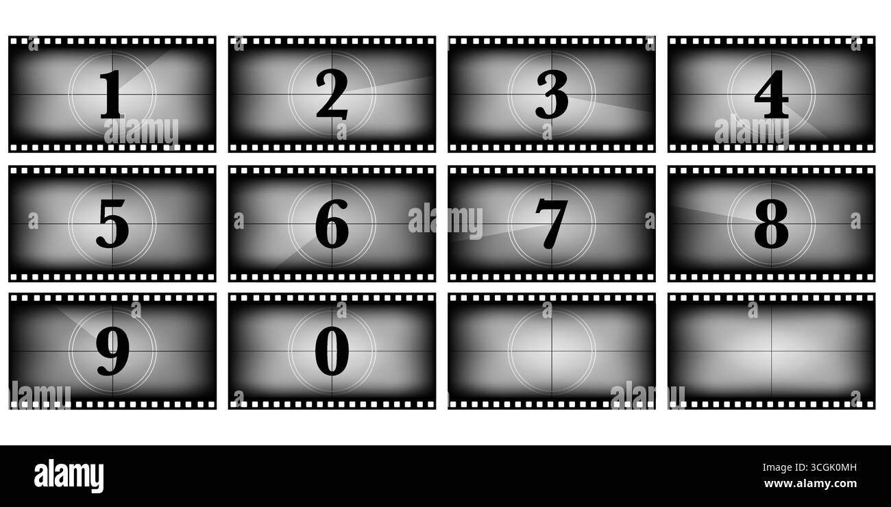 Movie countdown timer background set in 16x9 format. Vintage filmstrip ...