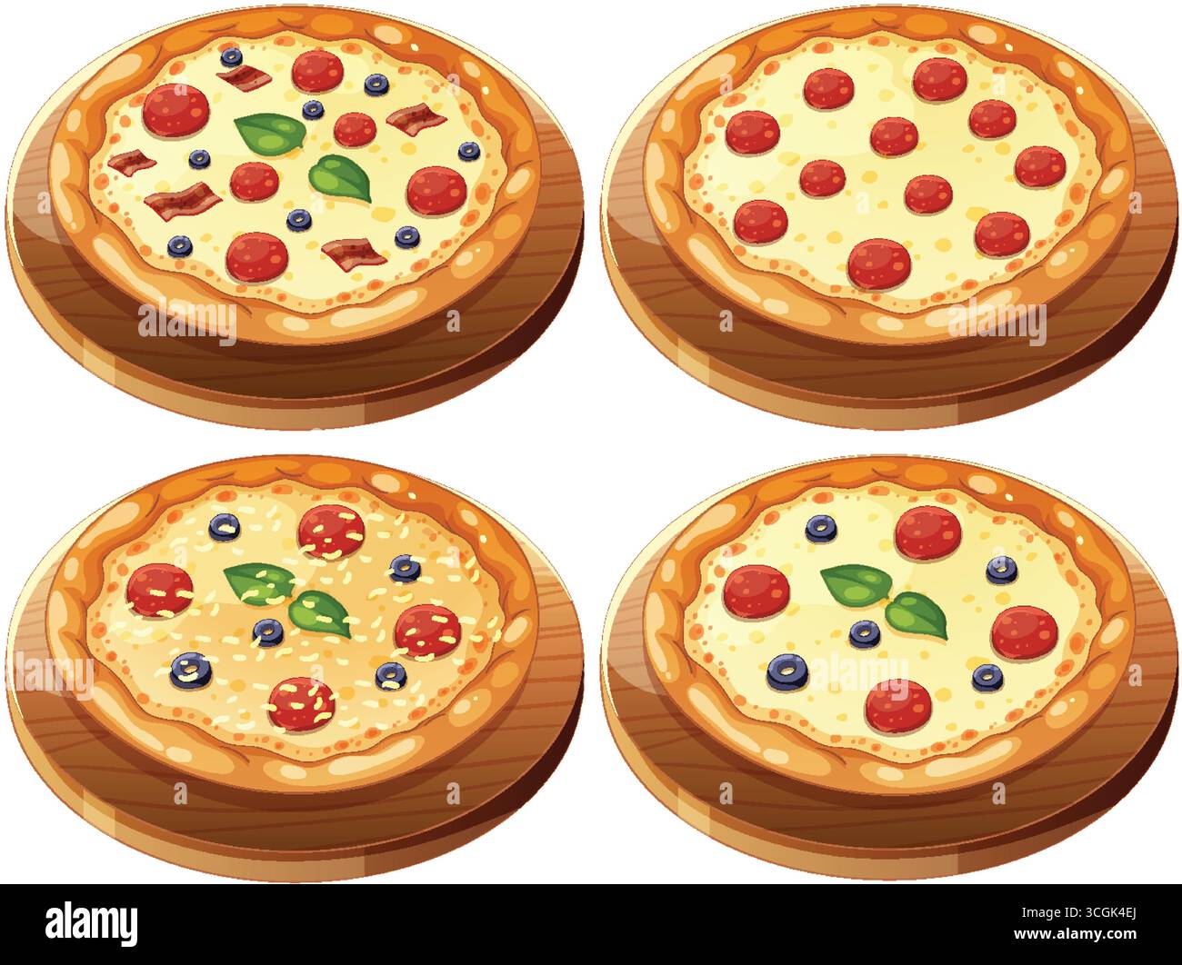 Overhead vector illustration of four assorted pizzas with vibrant ...