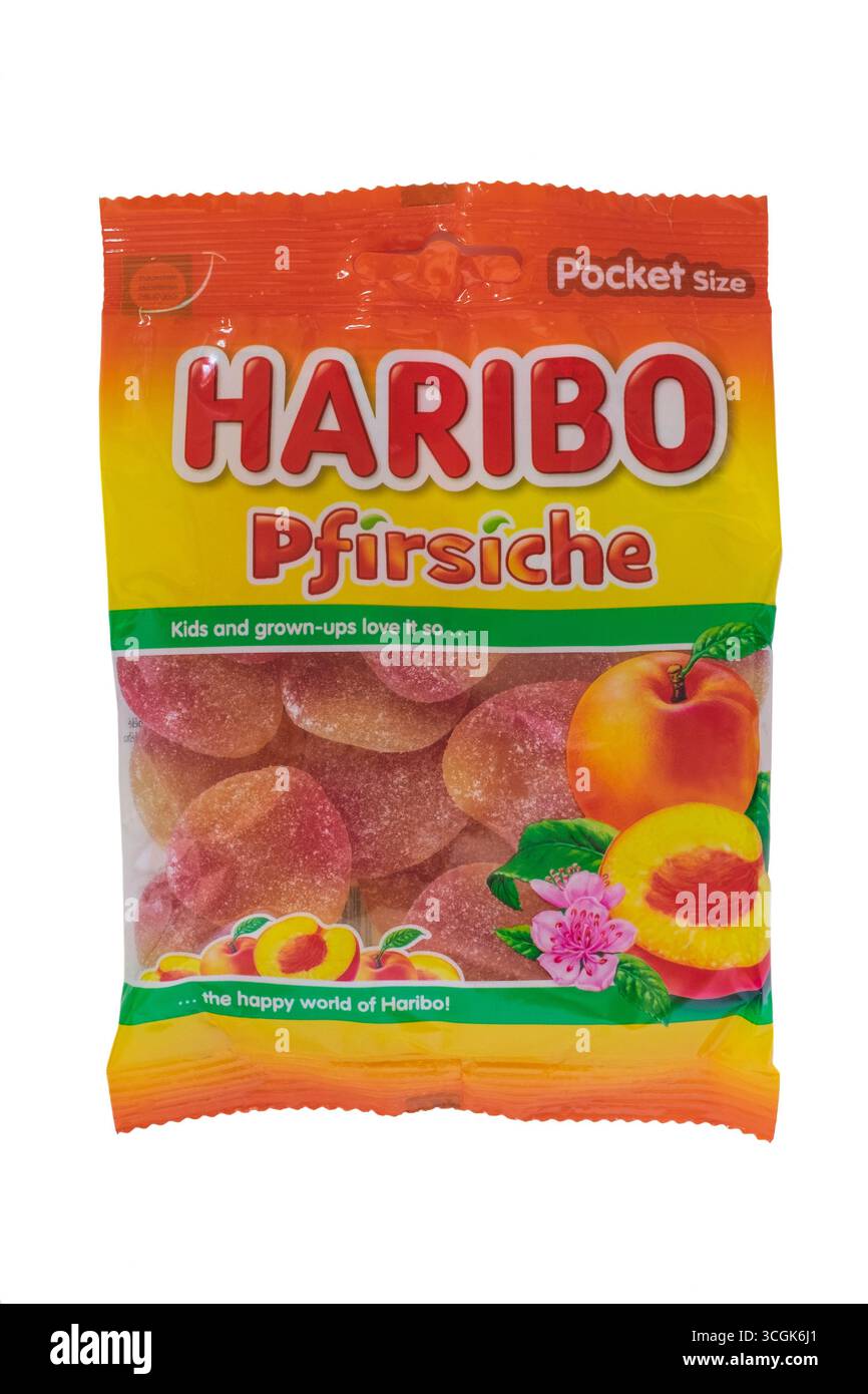 packet of haribo pfirsiche peach flavour soft sweets cut out on white ...