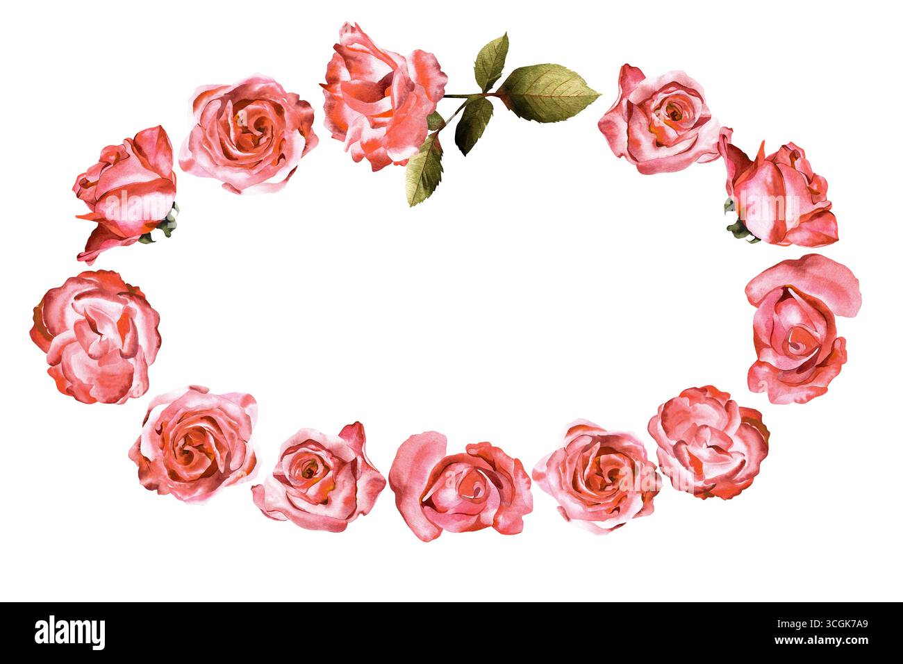Oval frame with rose flowers. Coral roses made with watercolors in wet ...