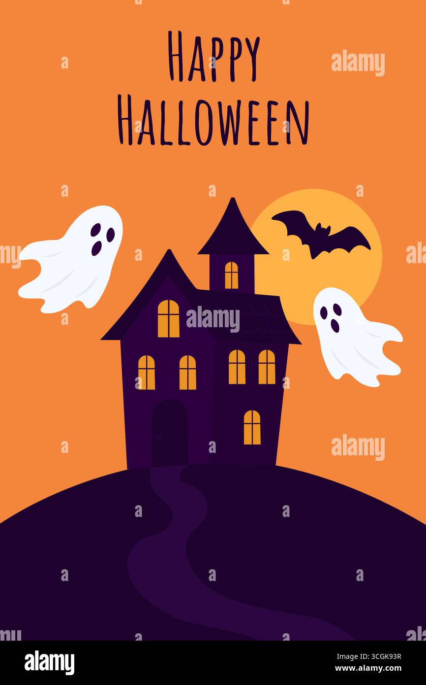 Dark haunted house with ghosts bat and moon on halloween night ...