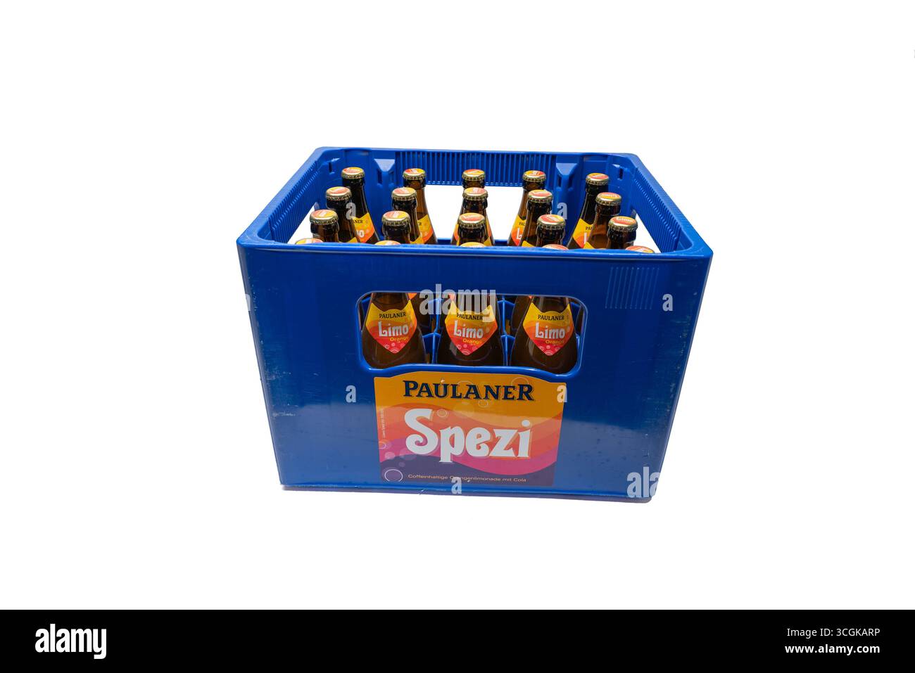 Germany Berlin August 28, 2025. Crate Angled View. A blue Paulaner ...