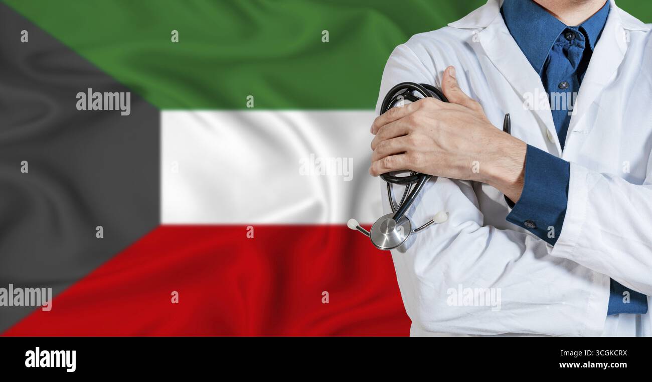 Doctor with stethoscope on Kuwait flag. Doctor holding stethoscope on ...