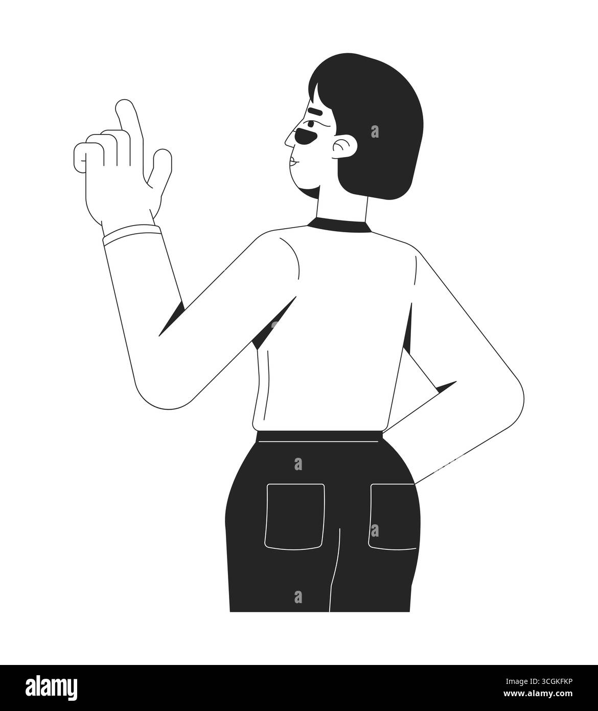 Confident asian woman pointing upward from behind 2D line character ...
